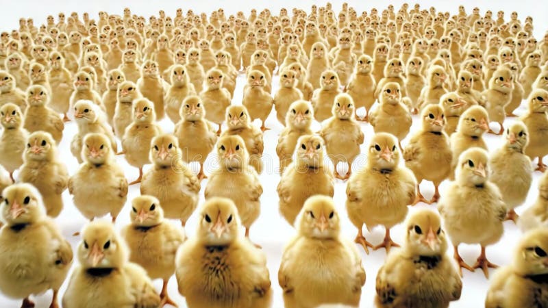 A Dense Flock of Yellow Baby Chicks Face Forward on a Seamless White ...