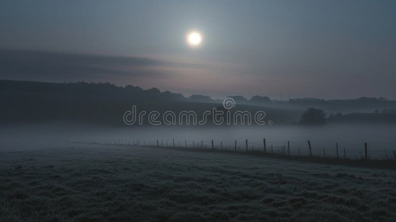 Dense Fog Creeps Over the Landscape Obscuring the Full Moons Bright ...