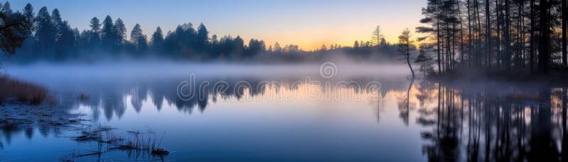 Dense Fog Enveloping a Tranquil Lake at Dawn. Banner for Web ...