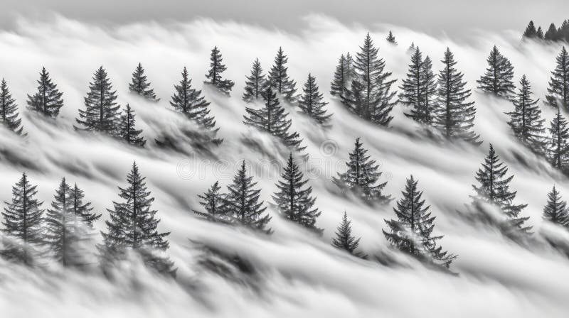 Dense Fog Rolling through Forest of Tall Pine Trees in Black and White ...