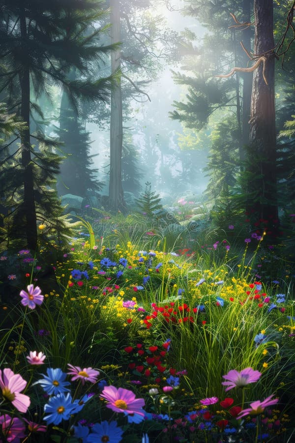 Lush Forest Abundant with Flowers and Trees Stock Illustration ... Lush Forest Abundant with Flowers and Trees Stock Illustration ...