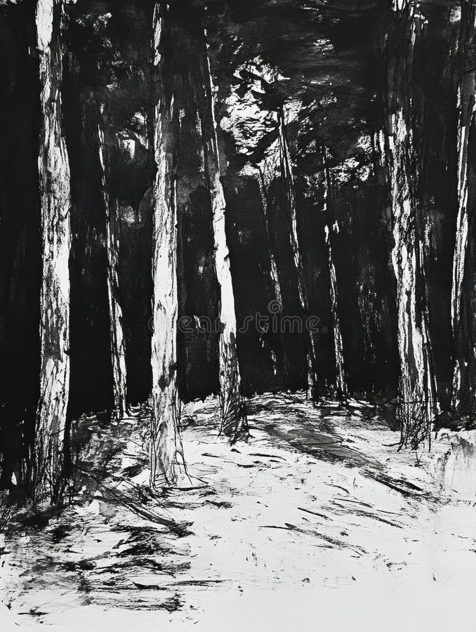 A Dense Forest Captured in Black Ink, Highlighting Intricate Tree ...
