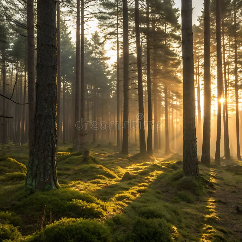 Dense Forest at Dawn with Golden Sunlight and Long Shadows Stock ...