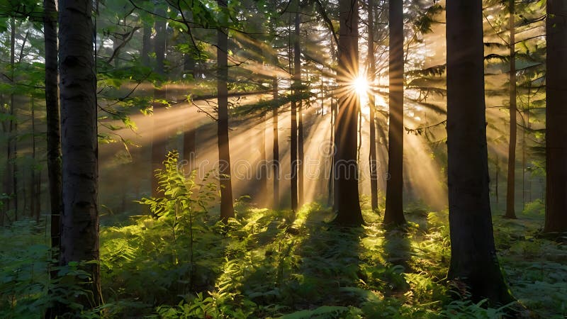 Dense Forest at Dawn, Sun Rays Breaking through the Tree Crowns ...