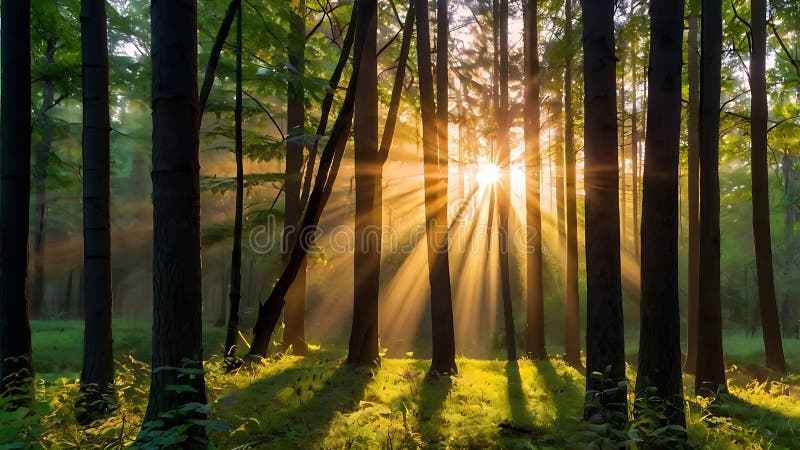Dense Forest at Dawn, Sun Rays Breaking through the Tree Crowns ...