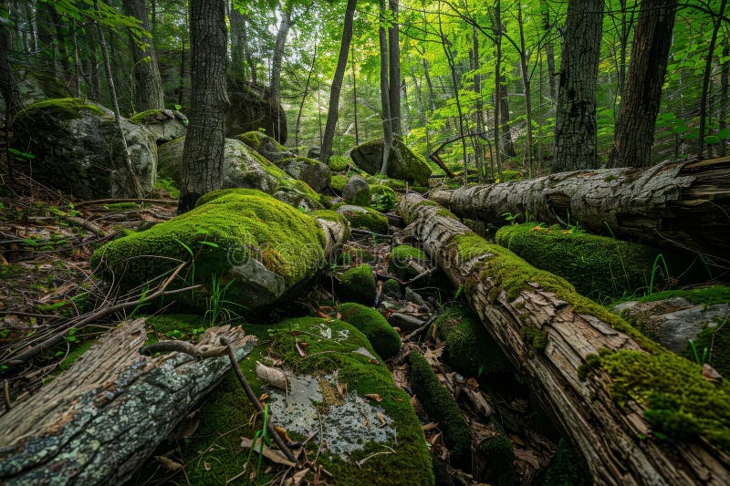 A Dense Forest Filled with Green Moss Covered Trees, Rocks, and Fallen ...