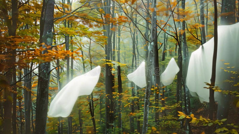 A Dense Forest Filled with Numerous Trees and Eerie Ghosts Floating ...