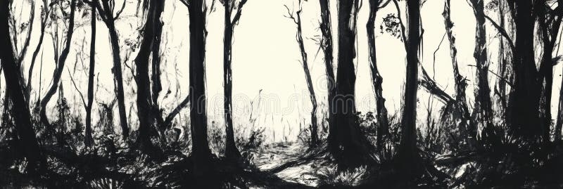 A Dense Forest is Illustrated in Black Ink, Showcasing Complex Tree ...