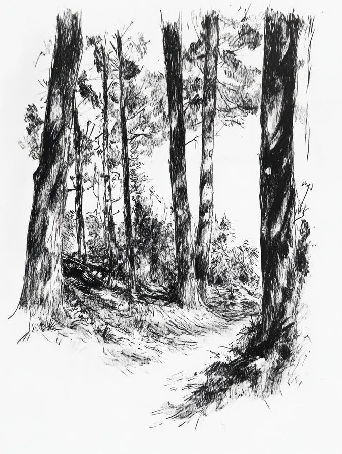 A Dense Forest is Illustrated in Black Ink, Showcasing Detailed Tree ...