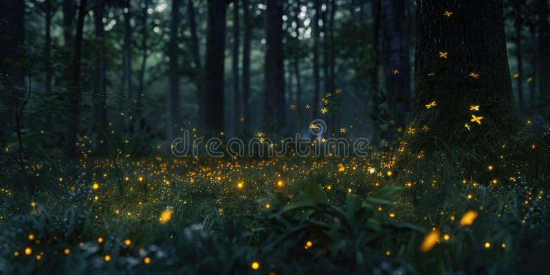 A Dense Forest Lit Up by Thousands of Yellow Fireflies on a Warm Summer ...