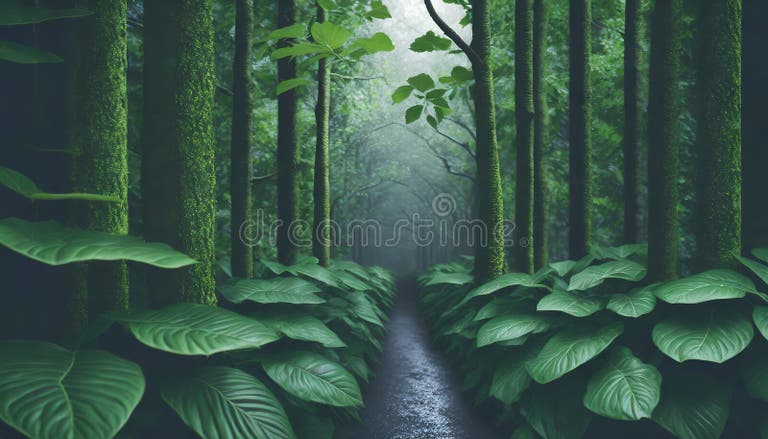 Dense Forest Pathway with Towering Moss-covered Trees and Large Leafy ...