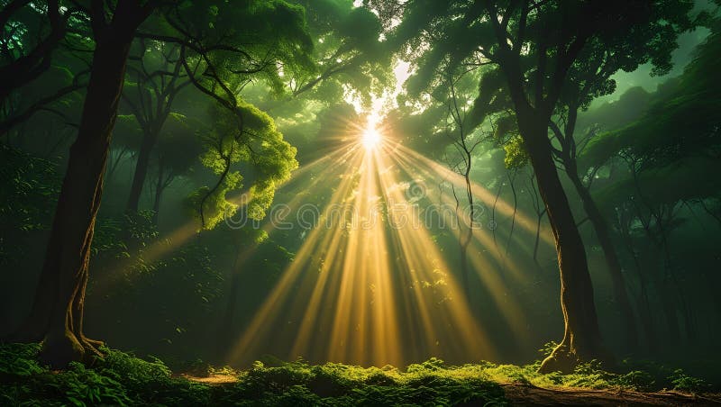 A Dense Forest with a Ray of Sunlight Breaking through the Canopy Stock ...