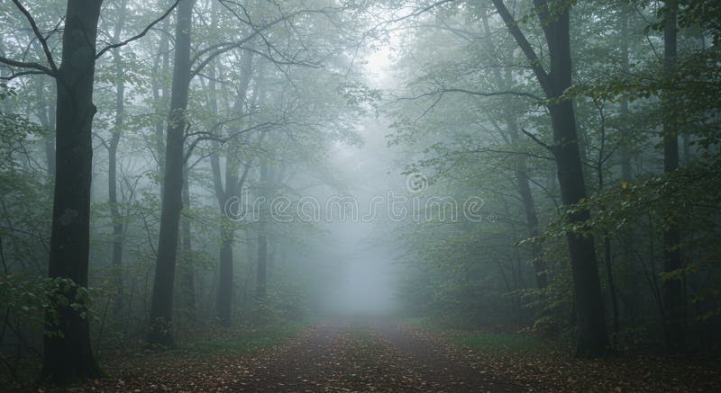 Dense Forest Scene Enveloped in Mist, Creating a Soft, Hazy Atmosphere. Tall Trees Stock ...
