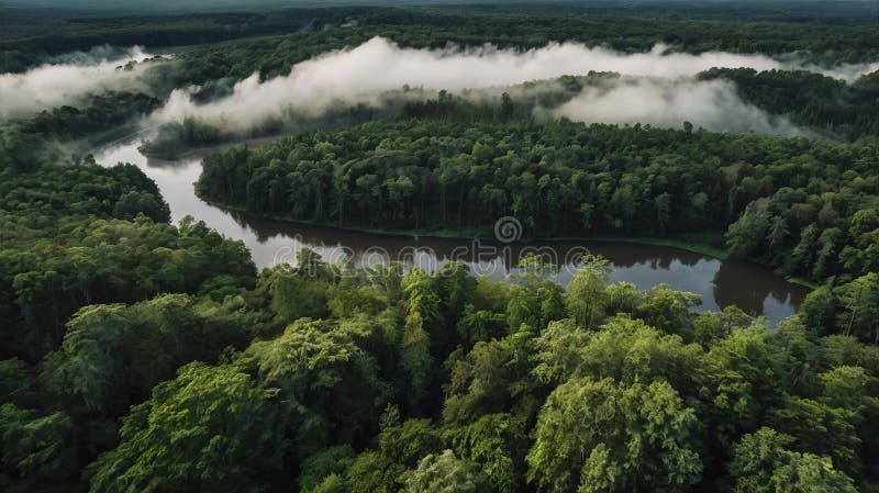 Dense Forest Seen from Above, Cut by a Large River Stock Illustration ...