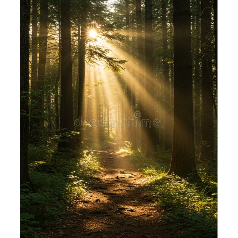 AI Generated Dense Green Forest with Sunlight Filtering through Tall ...