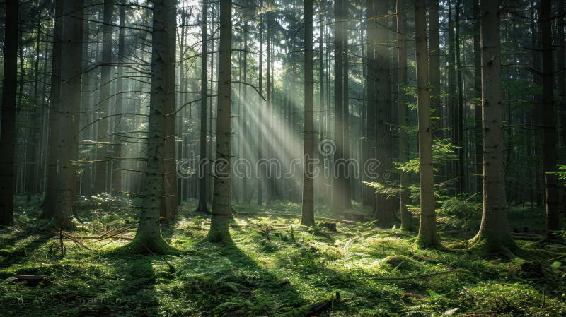 A Dense Forest with Tall Trees and a Sunbeam Breaking through Stock ...
