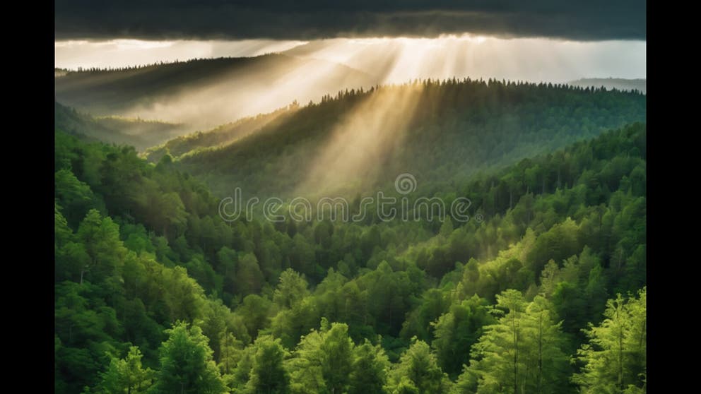 Dense Forest Under a Summer Downpour Rays of Sun Piercing through ...