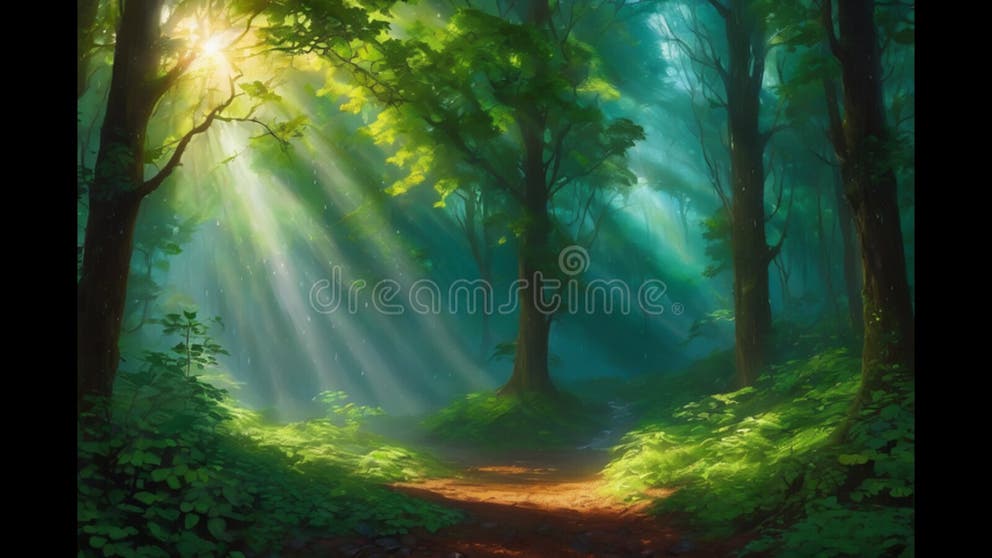 Dense Forest Under a Summer Downpour Rays of Sun Piercing through ...