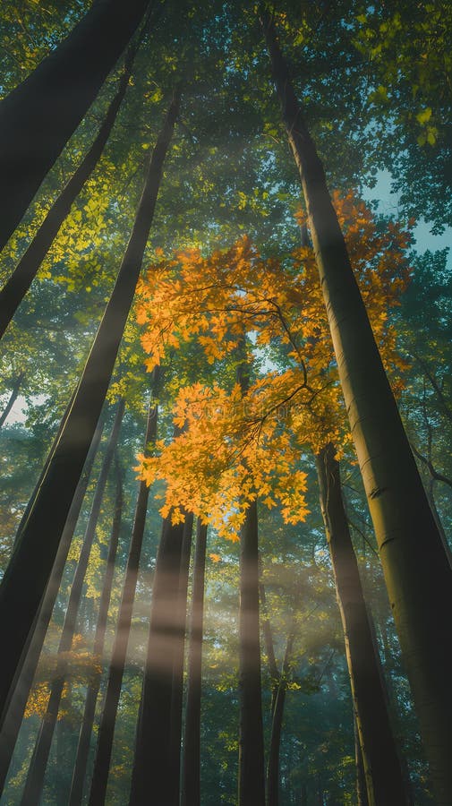 A Dense Forest View from a Low Angle, with Towering Trees Reach into ...