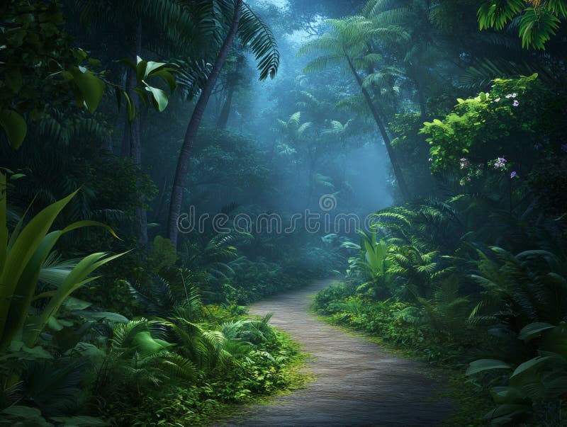 A Dense Green Jungle Features a Path that Winds through it, Bordered by ...