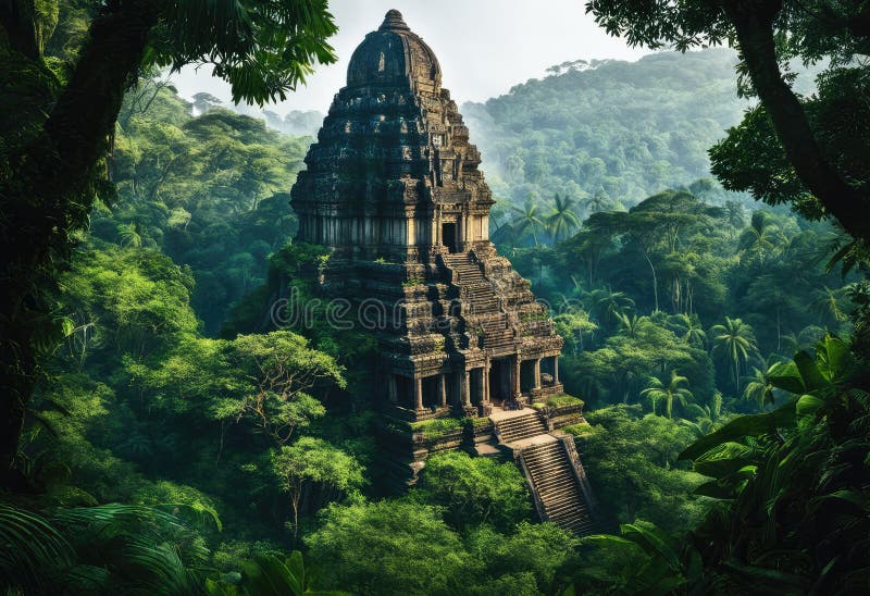 A Dense Jungle with an Ancient Temple Stock Illustration - Illustration ...