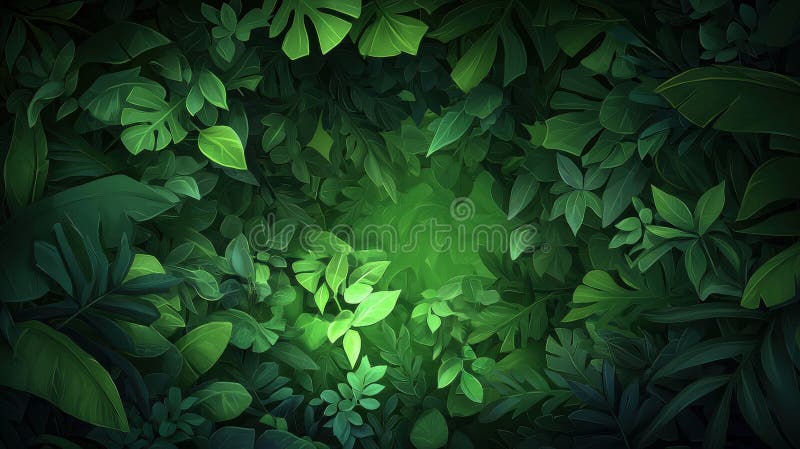 A Dense Jungle of Green Foliage with a Central Light Source. Stock ...