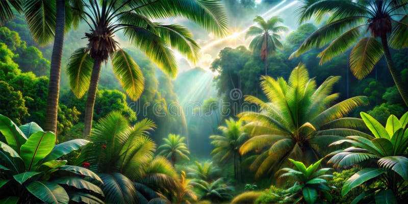 Dense Jungle Landscape with Palm Trees and Greenery Stock Illustration ...