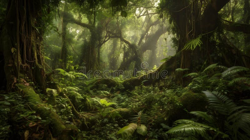 Dense Jungle with Tall Trees and Vines Generative AI Stock Illustration ...