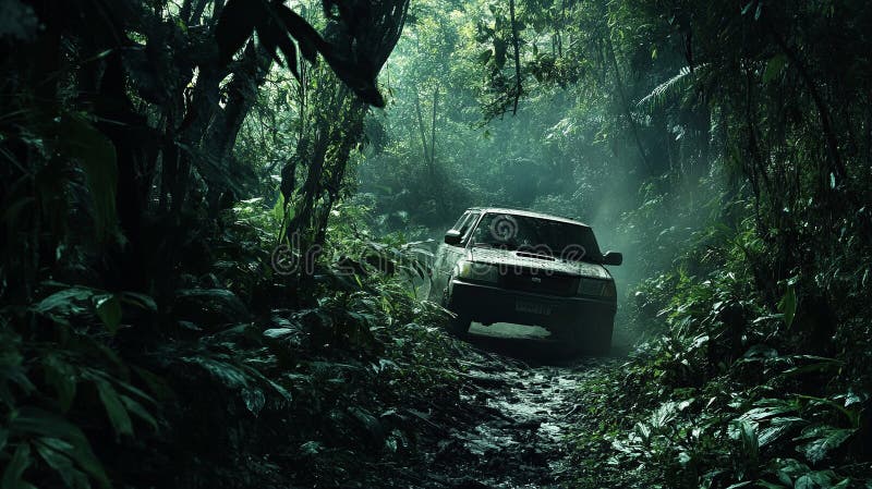 Dense Jungle Trail with SUV Pushing through Thick Foliage, Raw Nature ...