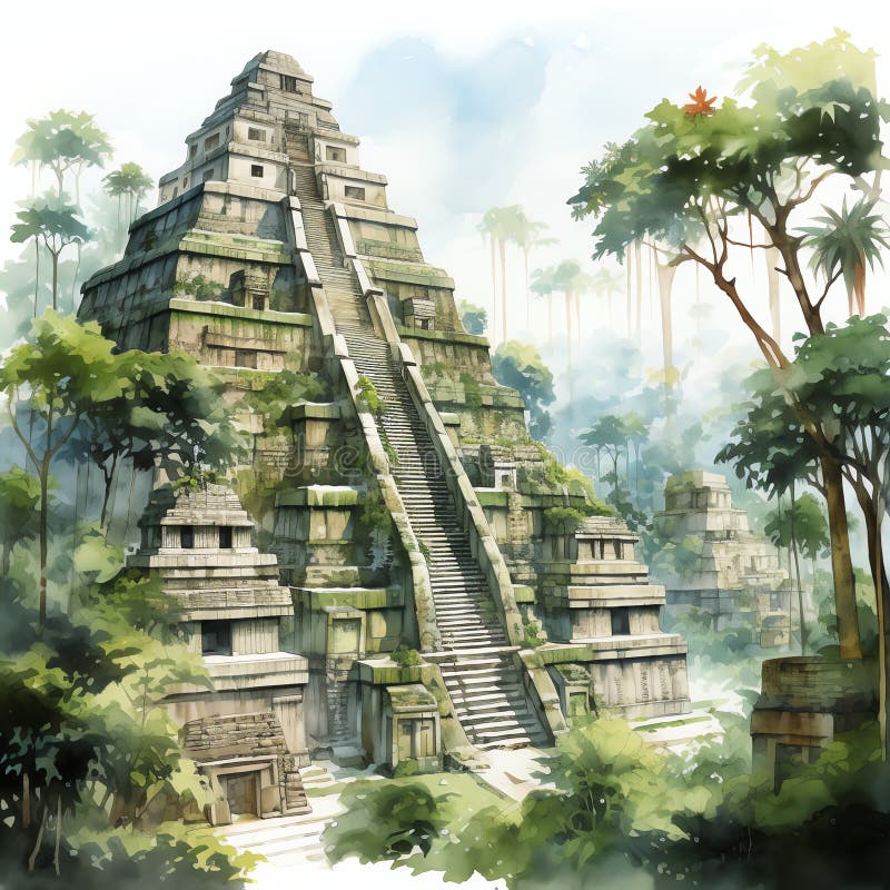 Dense Maya Jungle with Towering Temples and Pyramids Illustration Stock ...