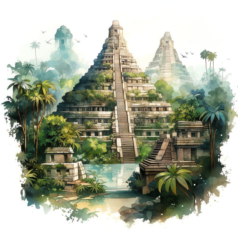 Dense Maya Jungle with Towering Temples and Pyramids Illustration Stock ...