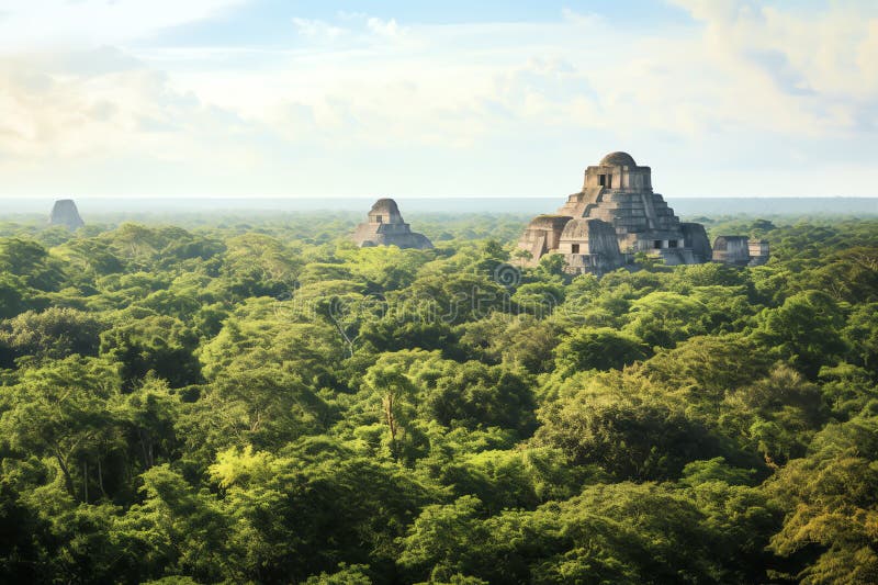 Dense Maya Jungle with Towering Temples and Pyramids Illustration Photo ...