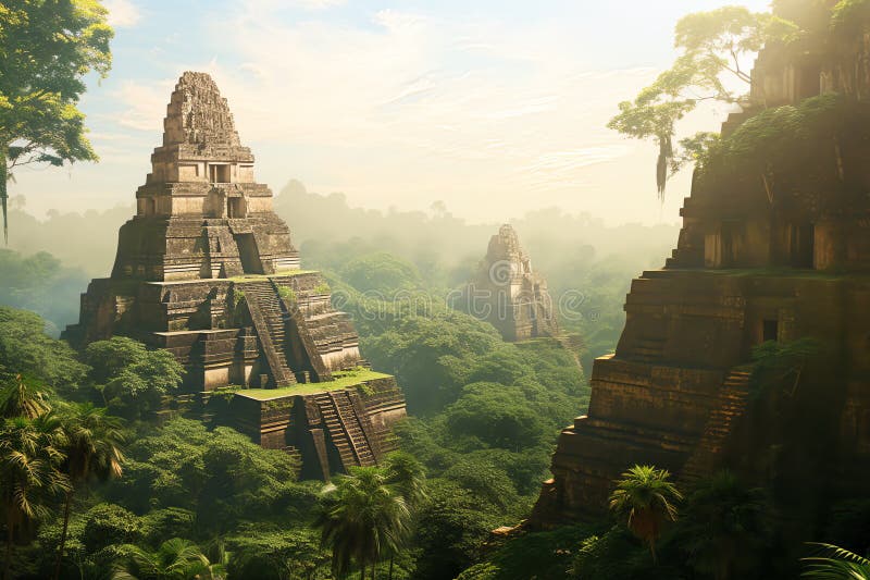 Dense Maya Jungle with Towering Temples and Pyramids Illustration Photo ...