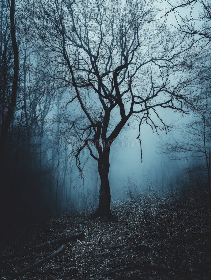 A Dense, Mist-covered Forest Bathed in Cold, Desaturated Blue and Gray ...