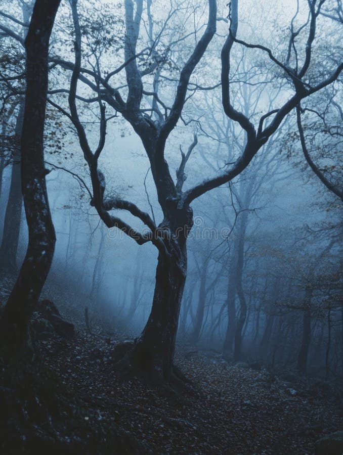 A Dense, Mist-covered Forest Bathed in Cold, Desaturated Blue and Gray ...