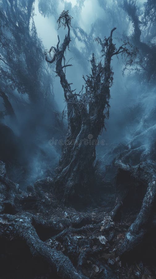 A Dense, Mist-covered Forest Bathed in Cold, Desaturated Blue and Gray ...