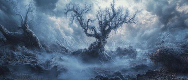 A Dense, Mist-covered Forest Bathed in Cold, Desaturated Blue and Gray ...