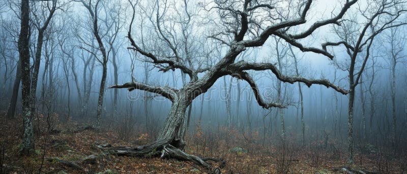 A Dense, Mist-covered Forest Bathed in Cold, Desaturated Blue and Gray ...