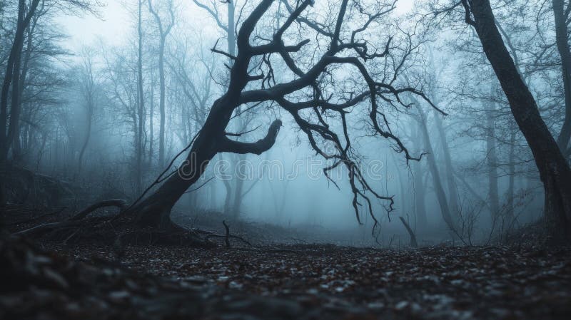 A Dense, Mist-covered Forest Bathed in Cold, Desaturated Blue and Gray ...