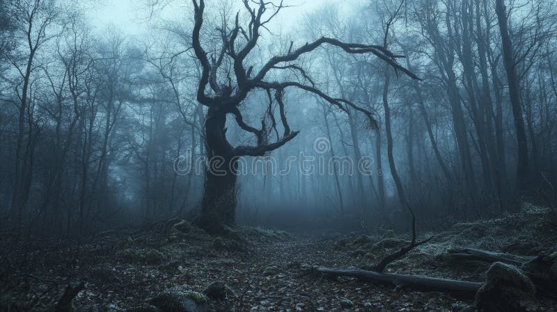 A Dense, Mist-covered Forest Bathed in Cold, Desaturated Blue and Gray ...
