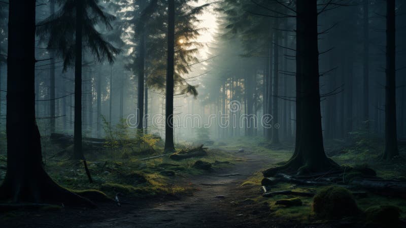Dense Mist Descends on the Forest at Dawn Stock Illustration ...
