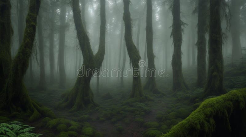 A Dense, Misty Forest with Ancient Trees Cloaked in Moss and Ferns ...