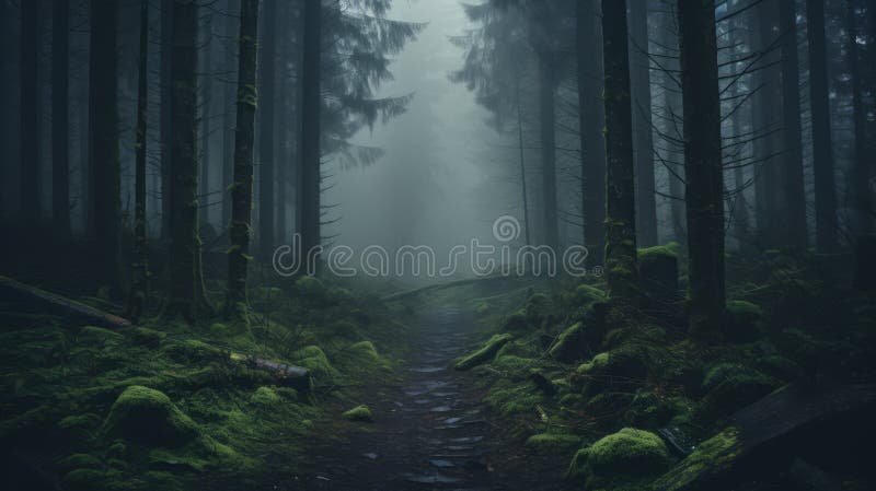A Dense, Misty Forest Shrouded in Mystery Stock Illustration ...