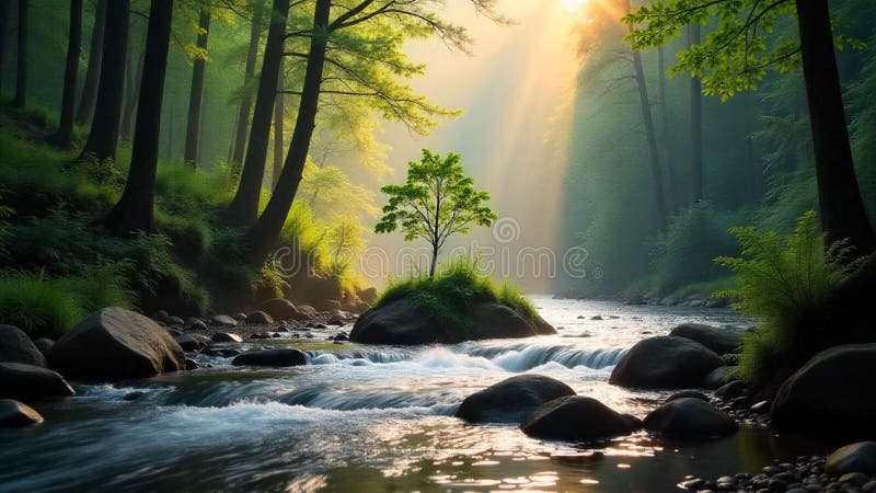 A Dense, Misty Forest with Tall Trees and Lush Greenery Stock ...