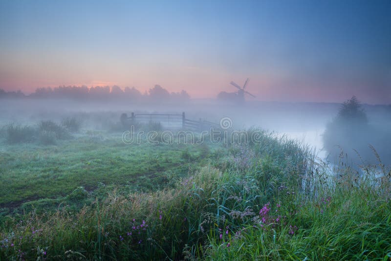 Water and Windmill Wooden Mill on the River Early in the Morning at ...