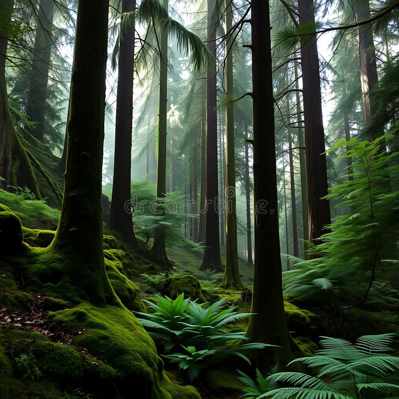 A Dense, Moss Covered Forest in the Pacific Northwest, with Tall Trees ...
