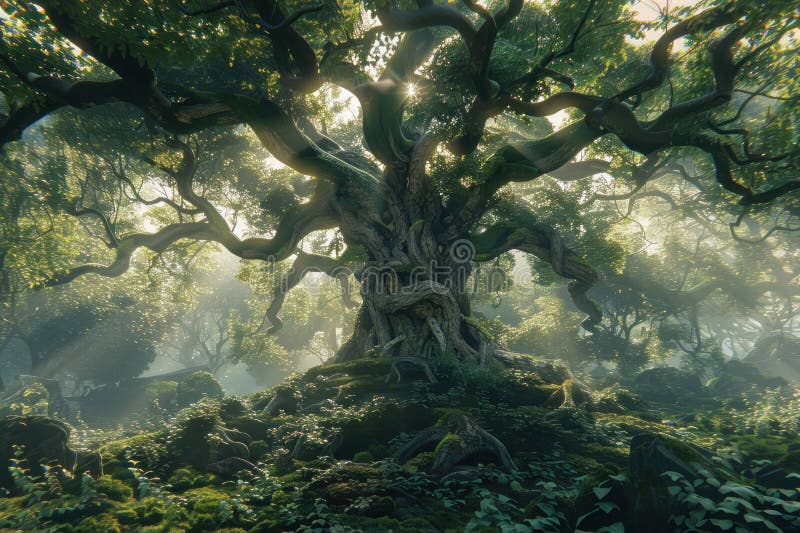 In a Dense Mystical Forest a Towering Ancient Oak Tree Interacts ...