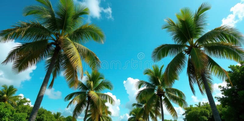 Dense Palm Tree Tops, Azure Nassau Sky Backdrop, Sky, Tropical Scene, View Stock Illustration ...