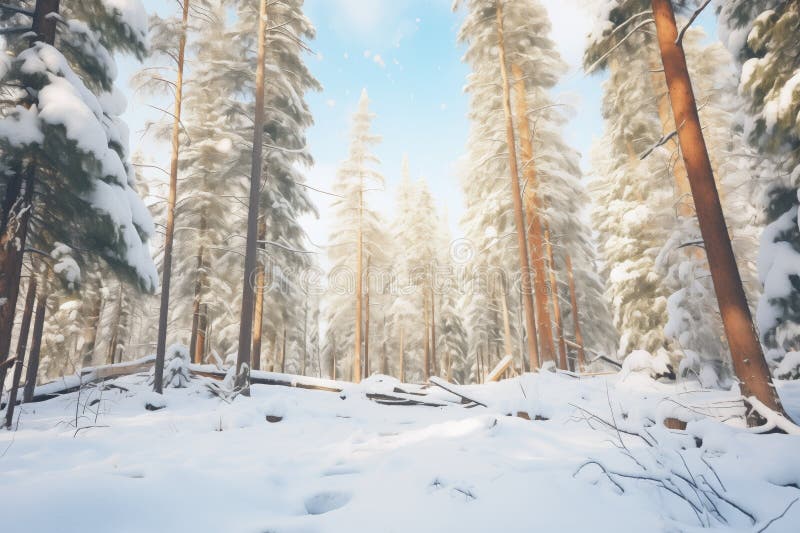 Dense Pine Forest with Snow-laden Trees and Clear Footprints Stock ...