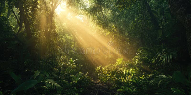 Dense Rainforest with Glowing Sunlight Filtering through, Lush Green ...
